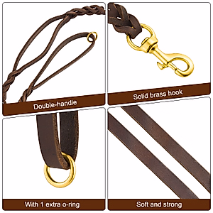 Wellbro 15ft Long Leather Dog Leash,Double Handle Dog Leash,Tieout for Yard, Camping, and Outdoors - Dog Run Cable for Total Control and Off-Leash Feel, Great for Large, Medium, Service Dogs