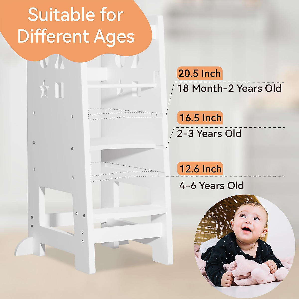 Toddler Kitchen Stool Helper, Kitchen Step Stool for Kids with Safe Rail, Baby Adjustable Learning Standing Tower for Kitchen Counter & Bathroom Sink(White)