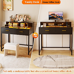 Cyclysio Vanity Desk with Mirror and Lights, 36 Inch Makeup Vanity with 2 Wooden Drawers & Storage Shelves, Black Small Vanity with Power Outlets and LED Lights for Small Space, Bedroom, Black Pink