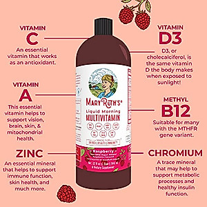 Multivitamin Multimineral for Women & Men by MaryRuth's | No Added Sugar | Vegan Liquid Vitamins for Adults & Kids | Immune Support, Bone Health, Energy Drink | Raspberry Flavor | 32 Fl Oz