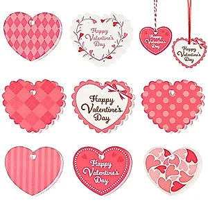 Koogel 160 PCS Heart Kraft Paper Tags, Valentine's Tags with Twine Gift Tags with String for Valentine's Day Wedding 8 Styles Romantic Heart-Shaped Tags