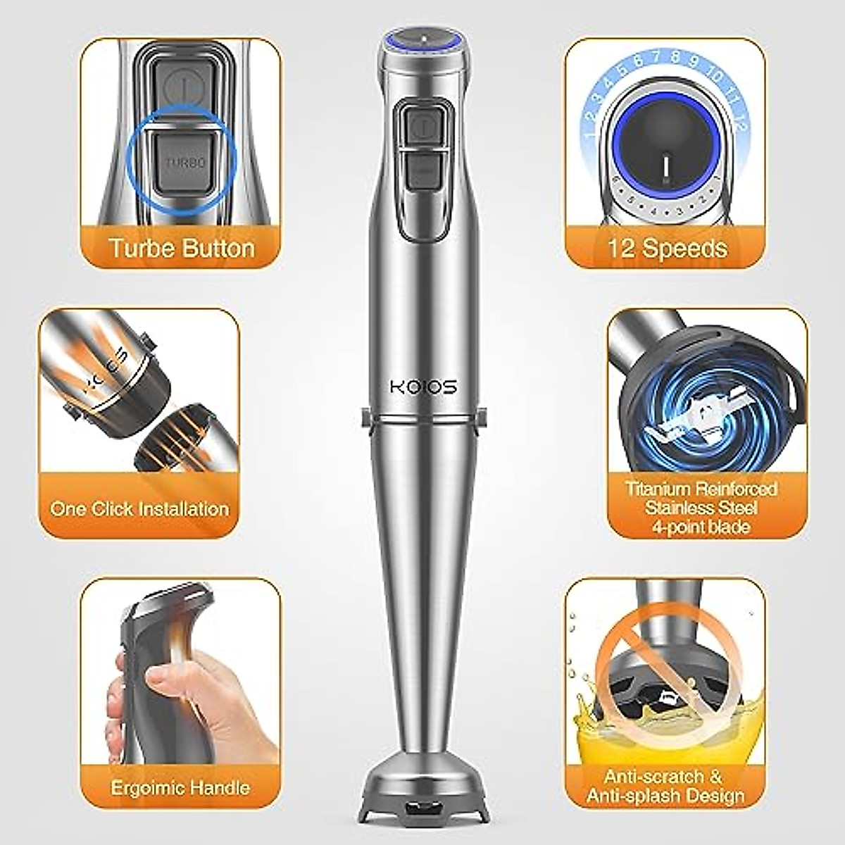 KOIOS Immersion Blender, Upgraded 1100W Full Copper Motor,12-Speed 5 in 1 Hand Blender with 304 Stainless Steel Blade, Perfect for Soup, Smoothies, Puree, Baby Food, BPA-Free, Grey