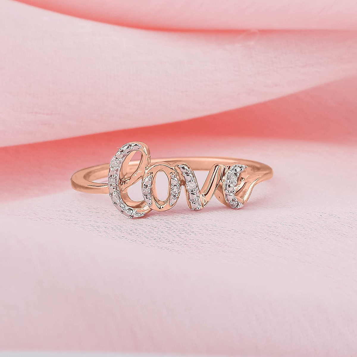 Diamond Accent Love Ring for Women in 18k 1-micron Yellow Gold-Plate, 18k 1-micron Rose Gold-Plate or 925 Sterling Silver, Women's Love Cursive Script Ring with Round Diamond Accent