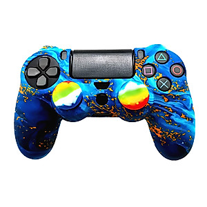Silicone Skin Cover for Ps4 Controller (1pc Anti-Slip Case, 1 Pair L2 R2 Trigger Extender, 4pcs Thumb Grips,4pcs LED Light Bar Decal) Protector for DualShock PS4/ Slim/Pro Controller (sky blue&yellow)
