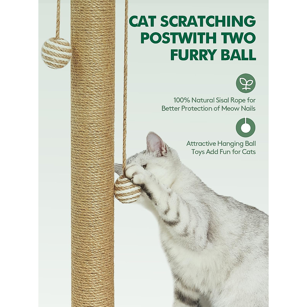 NZONPET Cat Scratching Post 16.54" Tall Scratch Post Premium Sisal Rope Scratch Posts for Kitten and Adult Cats All Natural Rope Wooden Ball Track Interactive Toy with Dangling Ball