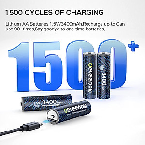 Deleepow Rechargeable AA Batteries Lithium USB 1.5V 3400mWh Lithium AA Batteries with USB-C Cable 1500 Cycles 4-Pack