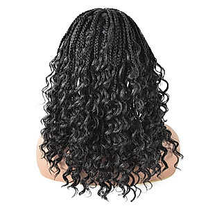 Curve Hair Curly Braided Swiss Lace Front Wigs for Women with Baby Hair Hand Made Crochet Hair Curly Ends Box Braided Wig Heat Friendly Kanekalon Synthetic 18Inches (LL602483C, 1B Black)