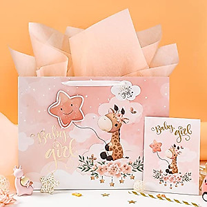 WRAPAHOLIC 16" Extra Large Baby Girl Gift Bag with Card and Tissue Paper - For Baby Shower, New Baby