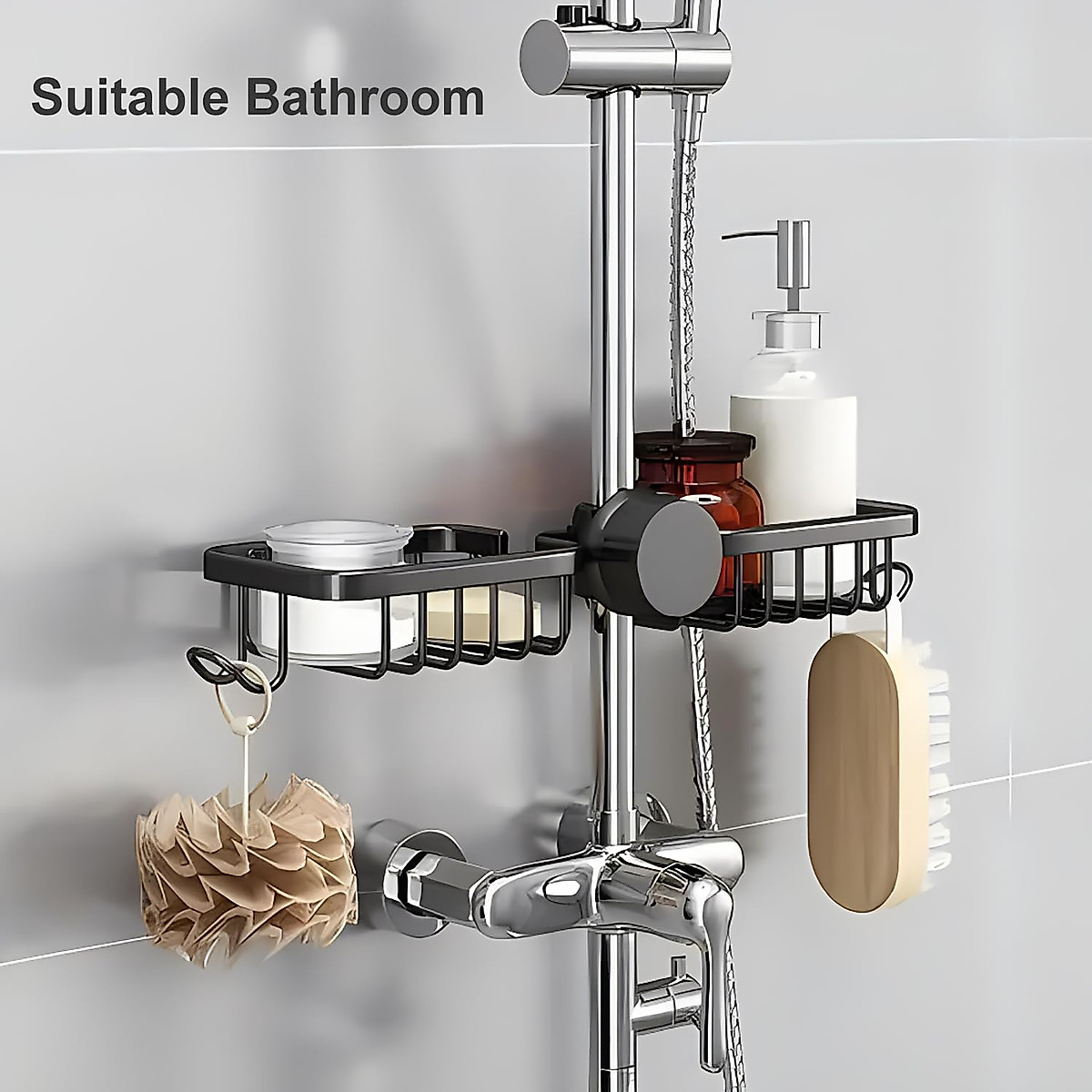 UOWGA Faucet Holder Kitchen Bathroom Faucet Holder Faucet Sponge Holder Kitchen Sink Box Space Aluminum Removable Faucet Holder Double Sink with Hooks (Black)