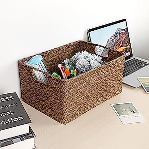 Hipiwe Seagrass Storage Opened Baskets Bin for Shelf Organizing Handwoven Wicker Baskets Rectangular Decorative Basket Closet Bedroom Organizer Bin Box Multipurpose Storage Basket with Handle
