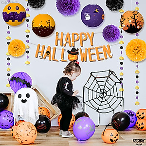KatchOn, Happy Halloween Decorations - Pack of 14 | Halloween Pompom, Halloween Party Decorations | Halloween Lanterns, Hanging Halloween Decorations | Purple and Black Halloween Theme Party Supplies