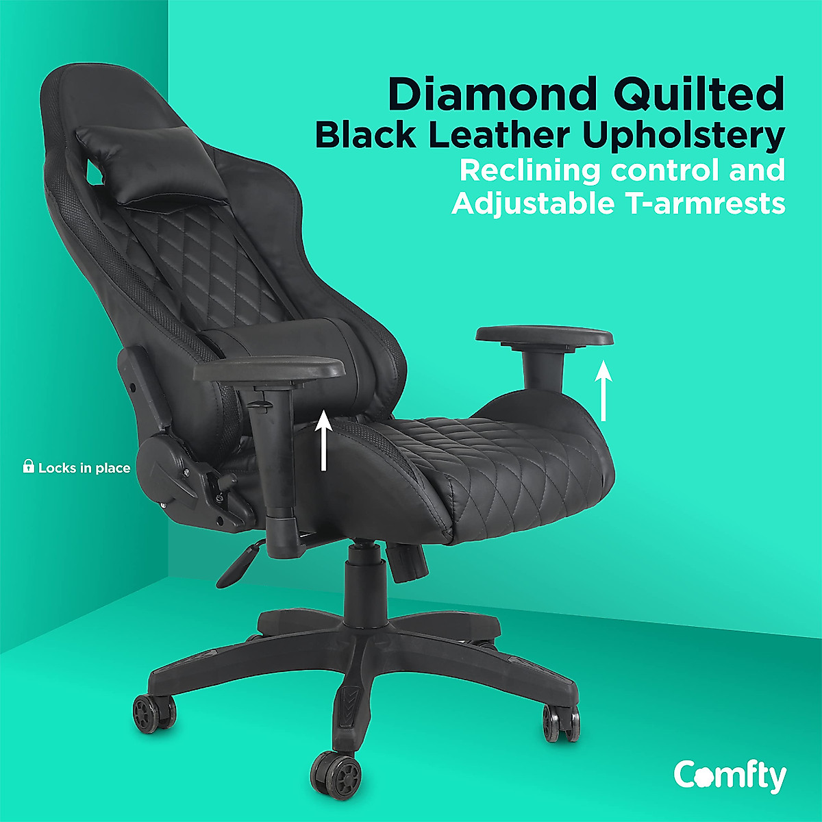 Comfty RGB LED Reclining Diamond Quilted Black Leather Racing Gaming Pillows & Remote Control Chairs, Multicolor