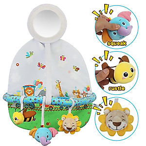 Baby car seat toy for travel with Rear Mirror, Car seat Double Sided Arch activity center Hanging Squeaky toy for infant 0-36 Months