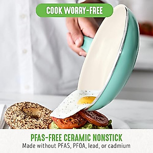 GreenLife Soft Grip 8” Frypan Skillet and Spatula Breakfast Cookware Set, PFAS-Free Ceramic Nonstick, Silicon Spatula with Bamboo Handle, Egg Omelette, Dishwasher Safe, Stay-Cool Handles, Turquoise