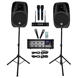 Rockville RPG2X15 Powered Bluetooth Mixer+(2) 15" Speakers+Stands+Wireless Mics