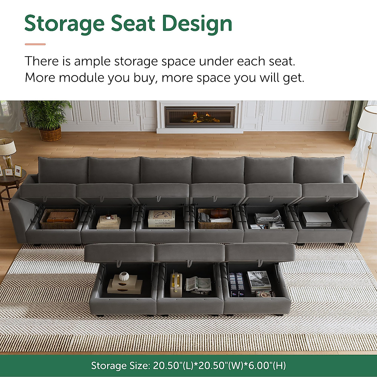 HONBAY Modular Sectional Sofa Set Oversized U Shaped Couch with Storage Ottoman Convertible Sleeper Sectional Sofa Velvet Modular Couch with Wide Chaise, Grey