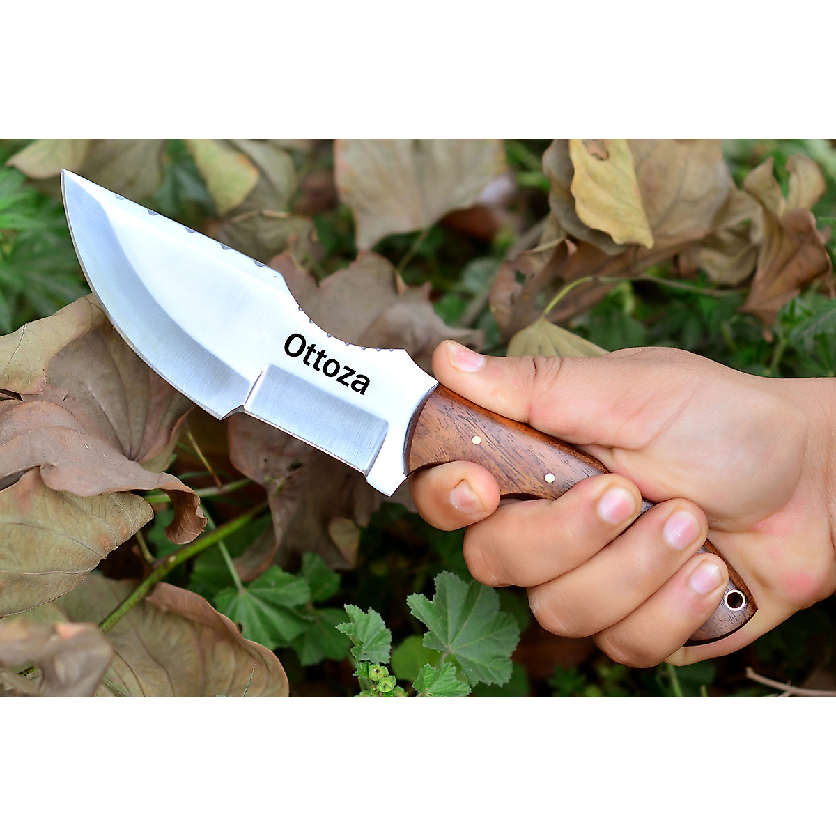 Ottoza Tracker Knife, D2 Steel Fixed Blade Hunting Knife with Wood Handle & Sheath, Full Tang Survival Knife for Men - No:116