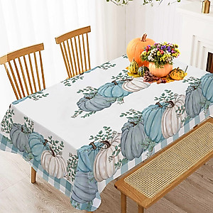 pinata Fall Tablecloth, Teal Buffalo Plaid Pumpkins Table Cloth Rectangle 60x84 inch, Autumn Farmhouse Harvest Fabric Kitchen Table Decorations for Dinner, Parties, Fall Indoor or Outdoor Decor