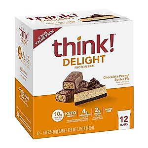 think! Delight, Keto Protein Bars, Healthy Low Carb, Gluten Free Snack - Chocolate Peanut Butter Pie, 12 Count (Packaging May Vary)