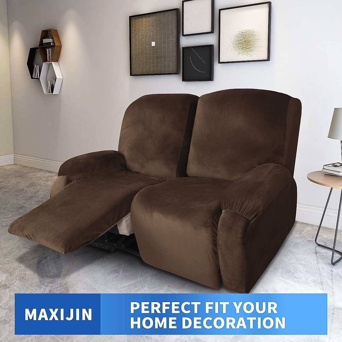 MAXIJIN Recliner Loveseat Slipcover, 6 Pieces Stretch Velvet Reclining Sofa Cover, 2 Seater Love Seat Recliner Couch Cover, Thick, Soft, Washable Furniture Cover (Loveseat Recliner, Dark Coffee)