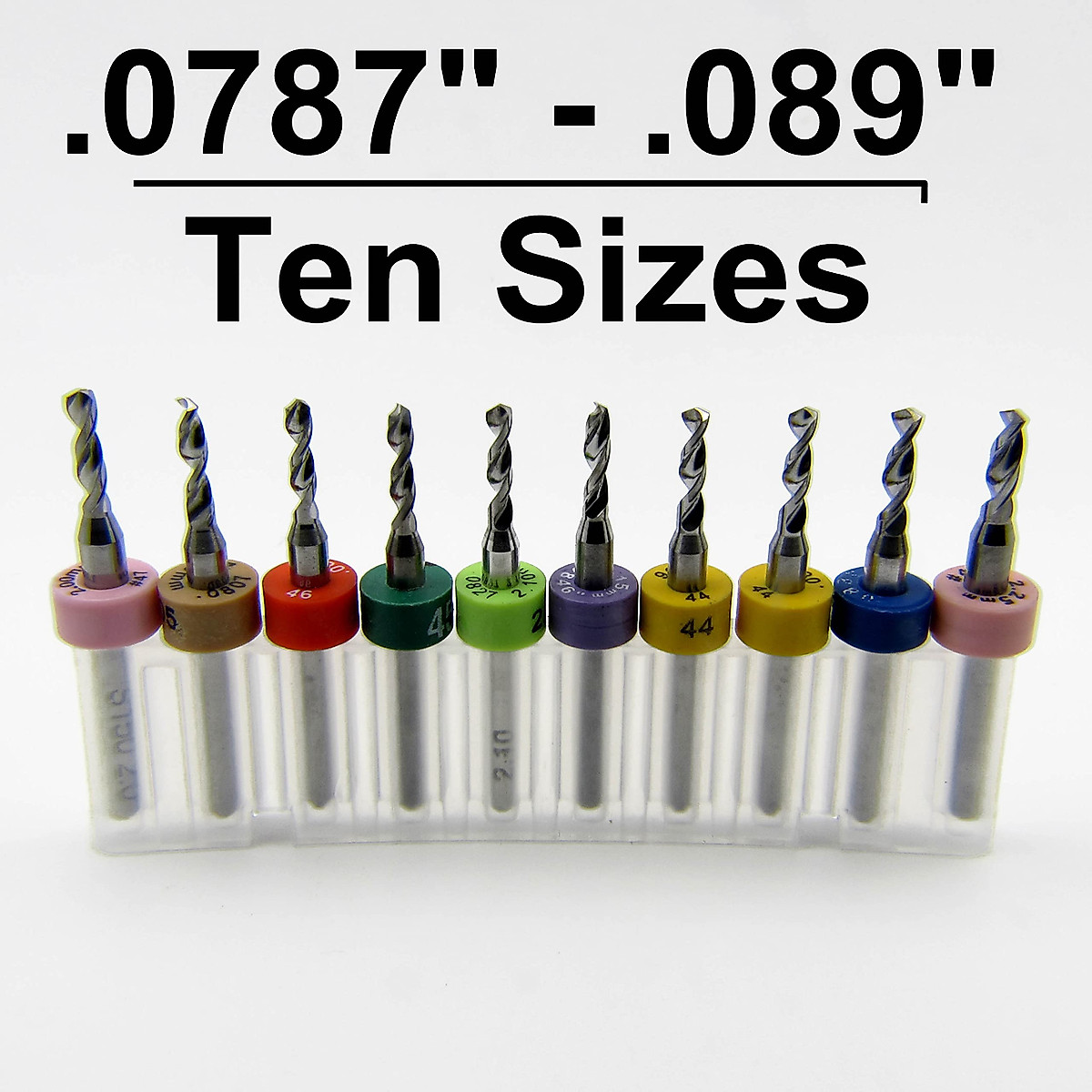 Ten Size Solid Carbide Drill Bit Set 2.00mm - 2.25mm Includes: .0787"/#47/2.00mm .0807"/2.05mm .081"/#46 .082"/#45 .0827"/2.10mm .0846"/2.15mm .086"/#44 .0866"/2.20mm .0886"/2.25mm .089"/#43 1/8" Shanks