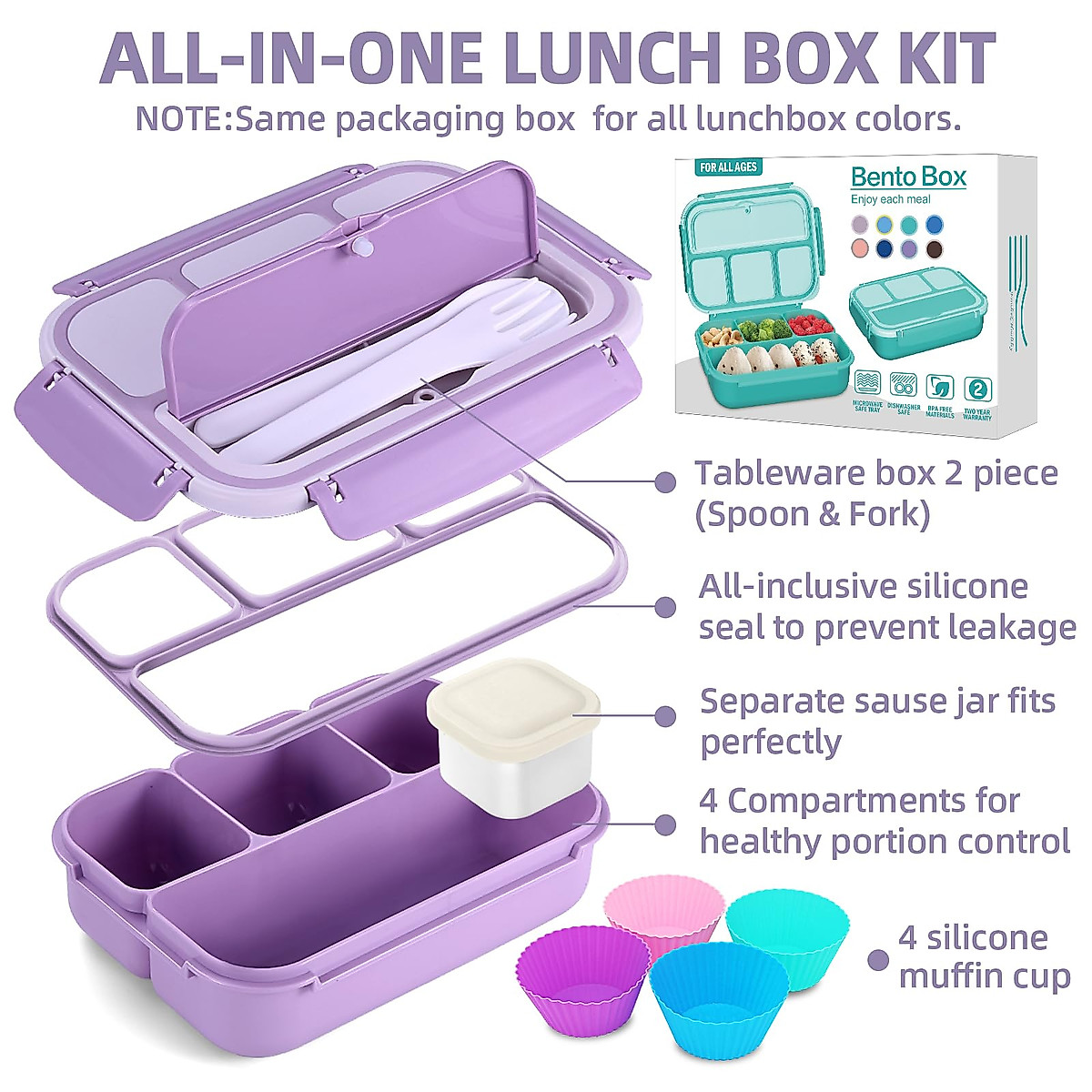Sunhanny Bento Lunch Box for Adults, Kids Girls Boys Lunch Box, Lunch Containers for Adults Women with 4 Compartments, Sauce Container, Fork and Spoon, Muffin Cups, Purple
