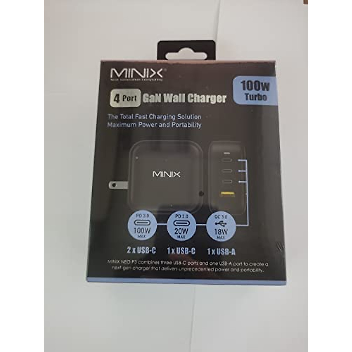MINIX NEO P3 100W Turbo 4-Ports GaN Wall Charger, 3 x USB-C Port Fast Charging Adapter(Max 100W/20W), 1 USB-A (Max 18W). Compatible with MacBook Pro Air, iPad Pro, iPhone 13,12,Galaxy S9 and More.