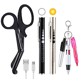Enhon 6 Pack Nurse Tools Set, 2 Rechargeable LED Pen Lights with Two Sources and Pupil Gauge, One 6'' Trauma Bandage Shear and 3 Mini Highlighter Nurse Pen for Nurse, Nursing Student, Doctor (Black)