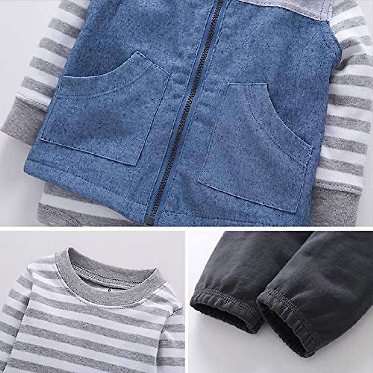 Baby Boy Winter Clothes Infant Fall Outfit Long Sleeve Stripes Romper Jumpsuit +Coat+ Long Pants Set Ceremony Celebration Birthday Party Denim Blue 12-18 Months