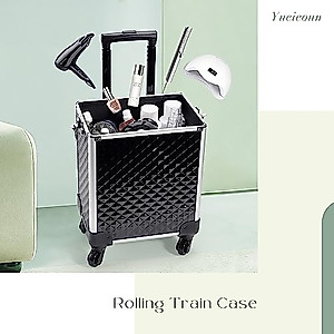 Yueieoun Professional Rolling Makeup Case with Wheels 4-in-1 Makeup Trolley, Cosmetic Train Case Makeup Cart Travel Trolley with Key for MUA, Hairstylists, Nail Tech, Black