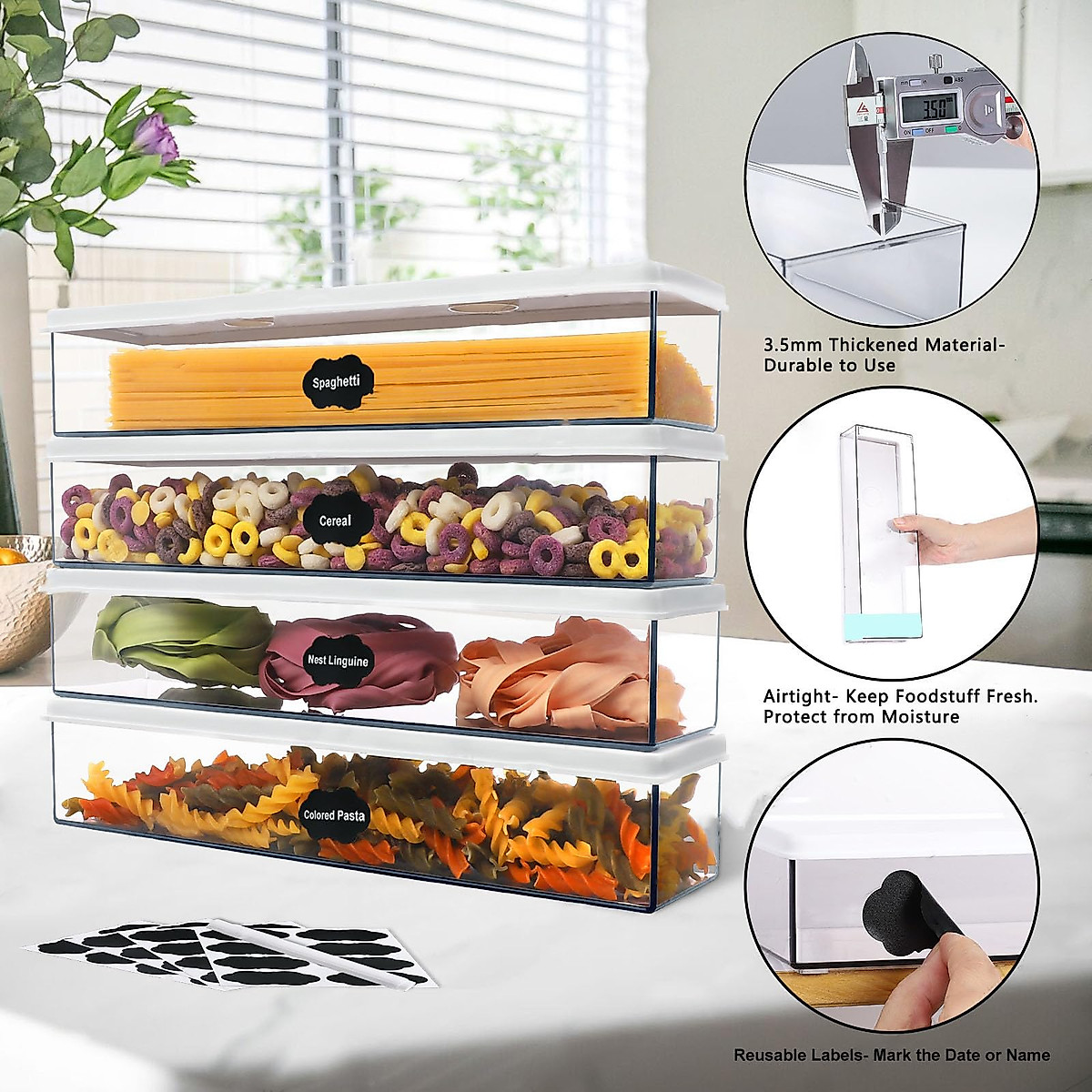 VEKALON Pasta Containers for Pantry - Set of 4 Pack Plastic Spaghetti Nooddle Organizer with 32pcs Labels and 1pcs Marker, Airtight Food Storage Containers with Lids