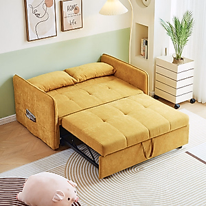 Convertible Sleeper Sofa Bed 3 in 1 Loveseat Couch Linen Small Sofa with Pull-Out Bed, Adjustable Backrest and Armrest, Futon Sofa with Side Pockets for Living Room Bedroom Apartment Small Space