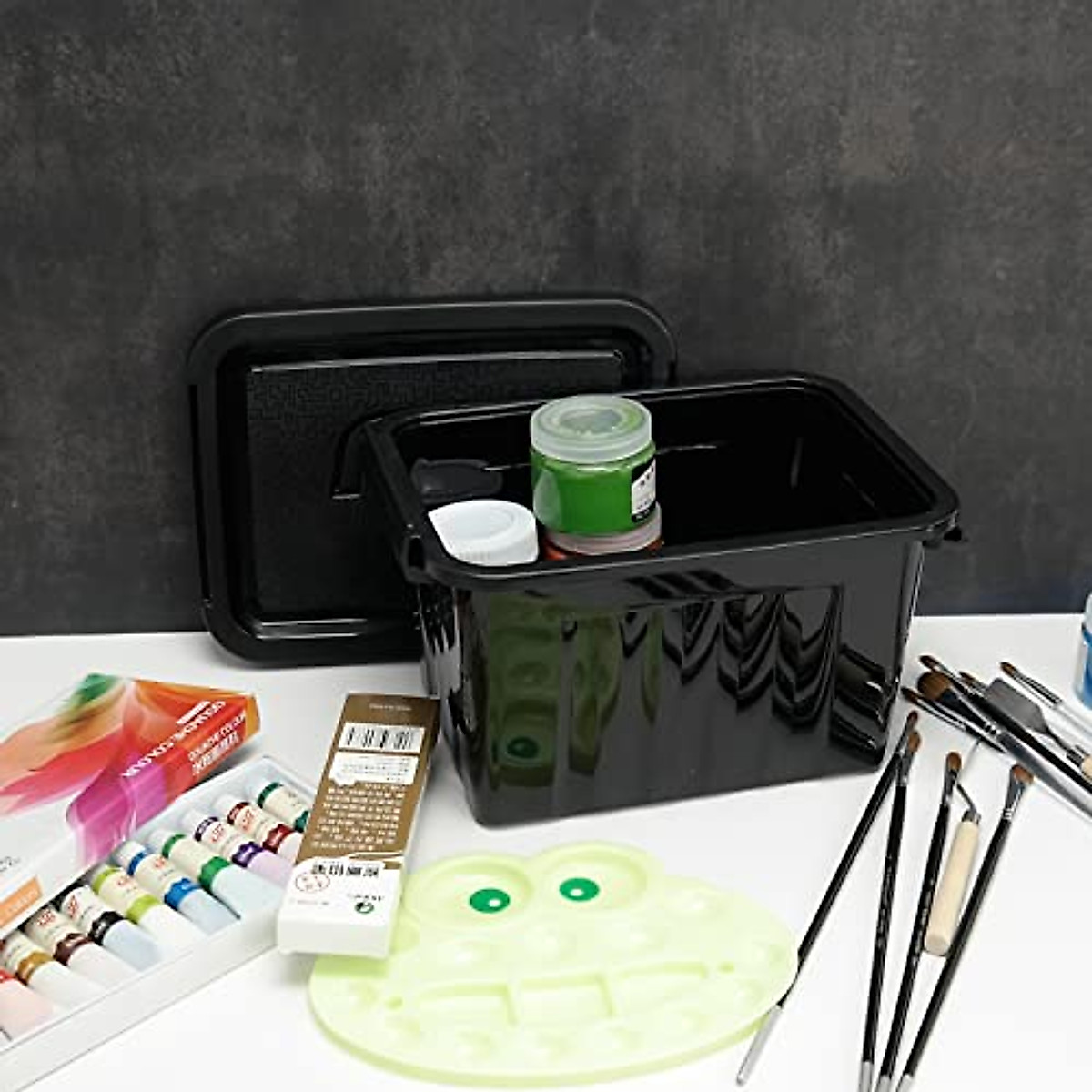 Tyminin Black Plastic Storage Bin with Clear Lid and Grey Handle, 6 Packs