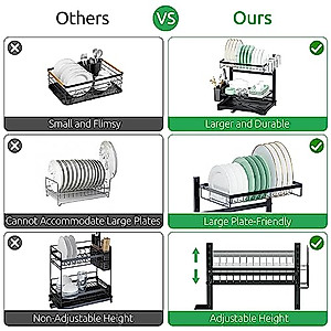 KOOTETA Dish Drying Rack, 2-Tier Dish Rack for Kitchen Counter, Space Saving Kitchen Drying Rack, Dish Dryer Rack with Drainboard, Utensil Holder and Cup Holders, Black