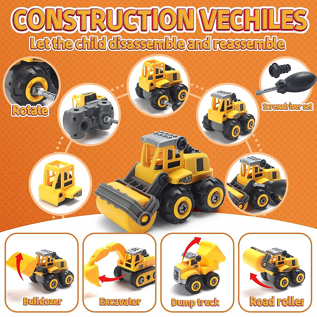 YIDESTARS Play Construction Sand Kit,2.2lbs Magic Sand W/4 Large Take Apart Construction Trucks,1 Sandbox,8 Worker Figures and Road Signs,8 Molds,Toys for 2-8 Years Old Boys Girls
