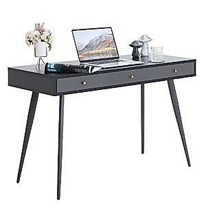 JURMALYN 47" Mid Century Modern Desk with Drawers Black Computer Desk Minimalist Desk with Metal Legs for Home Office, Easy Assembly (Black + Dark Grey)