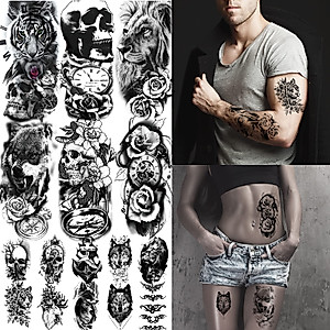 72 Sheets Half Sleeve Temporary Tattoos for Men Women Adults, Tiger Wolf Flower Skull Realistic Temporary Tattoo Stickers for Halloween, Black 3D Rose Animals Fake Tattoos