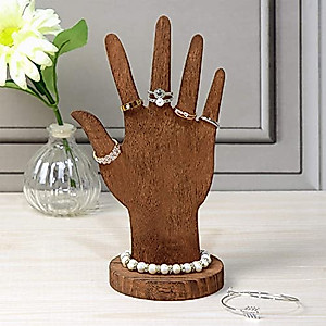 MOOCA 6-Piece Wooden Hand Form Jewelry Display Set - 2-Way Design for Wall Hanging or Standalone Mannequin Finger Hand Display, Brown Color