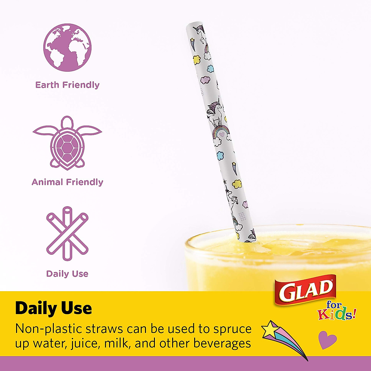 GLAD for Kids Paper Straws | Unicorn Paper Straws With Fun and Adorable Design for Kids | 50 Count Disposable Paper Straws for Drinking | Drinking Straws for Kids