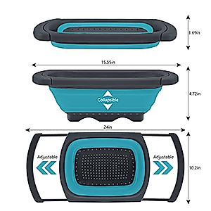 QiMH Collapsible Colanders Set of 3-1 PC 4 Quart Colander 1 PC 4 Quart Folding Basin and 1 PC 6 Quart(1.5 gal) Over the Sink Extendable Colander, Space-save Silicone Kitchen Foldable Food Strainer