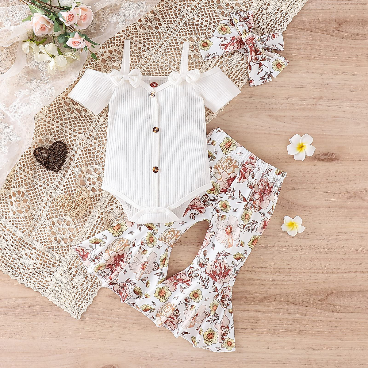 Fernvia Infant Baby Girl Clothes Suspenders Short Sleeve Ribbed Romper Flared Pants Set Headband 3pcs Summer Outfit