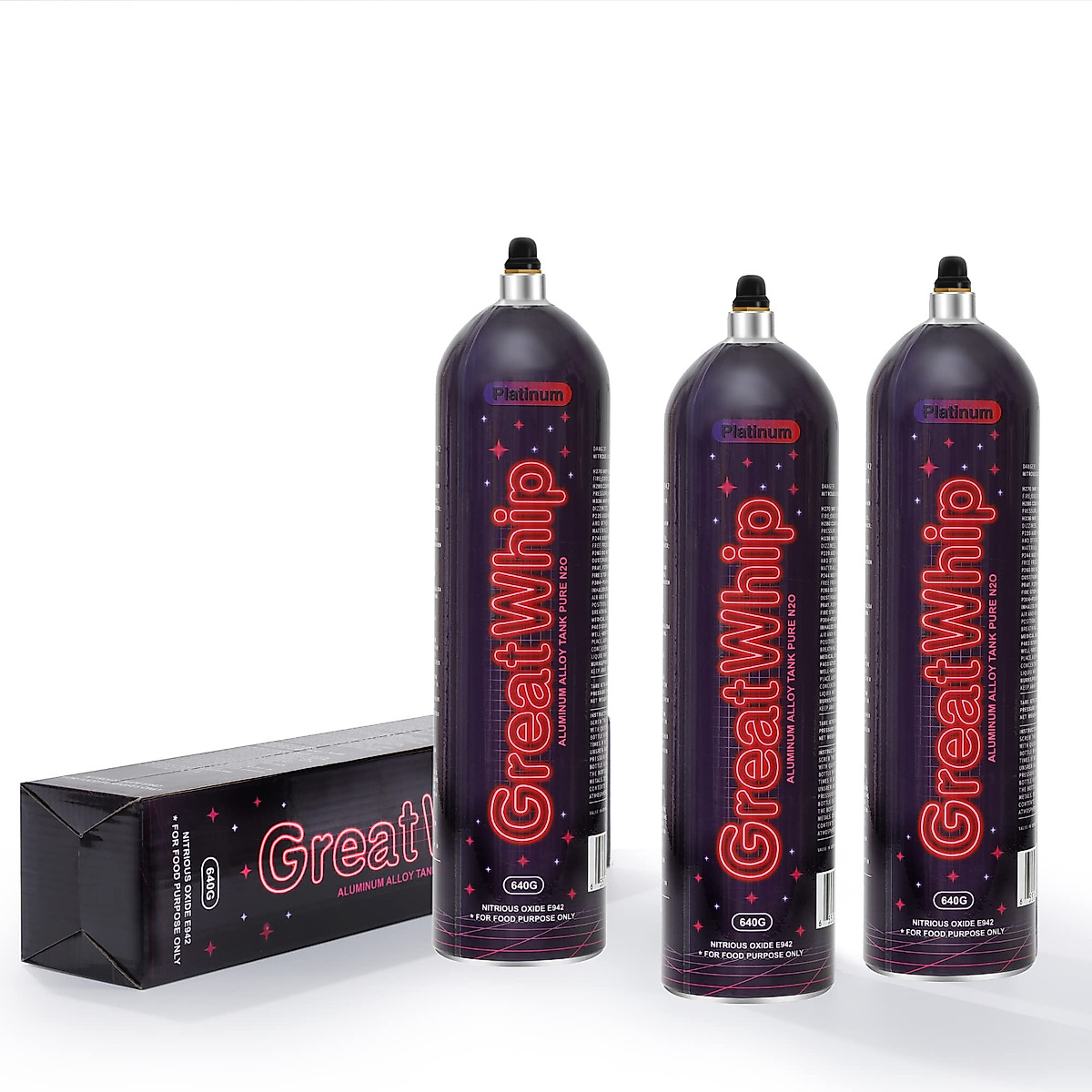 GreatWhip 640g Whipped Cream Chargers Cylinders Aluminum Construction Lightest Whip Cream Tank Cartridge (3 Cylinders)