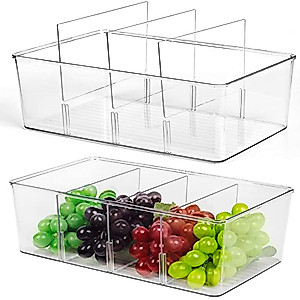 HANSGO Food Storage Organizer Bins, 2PCS Stackable Clear Plastic Organizer Bins with 6 Dividers Removable Pantry Organization and Storage Bins for Cereal Snacks Tea Seasoning