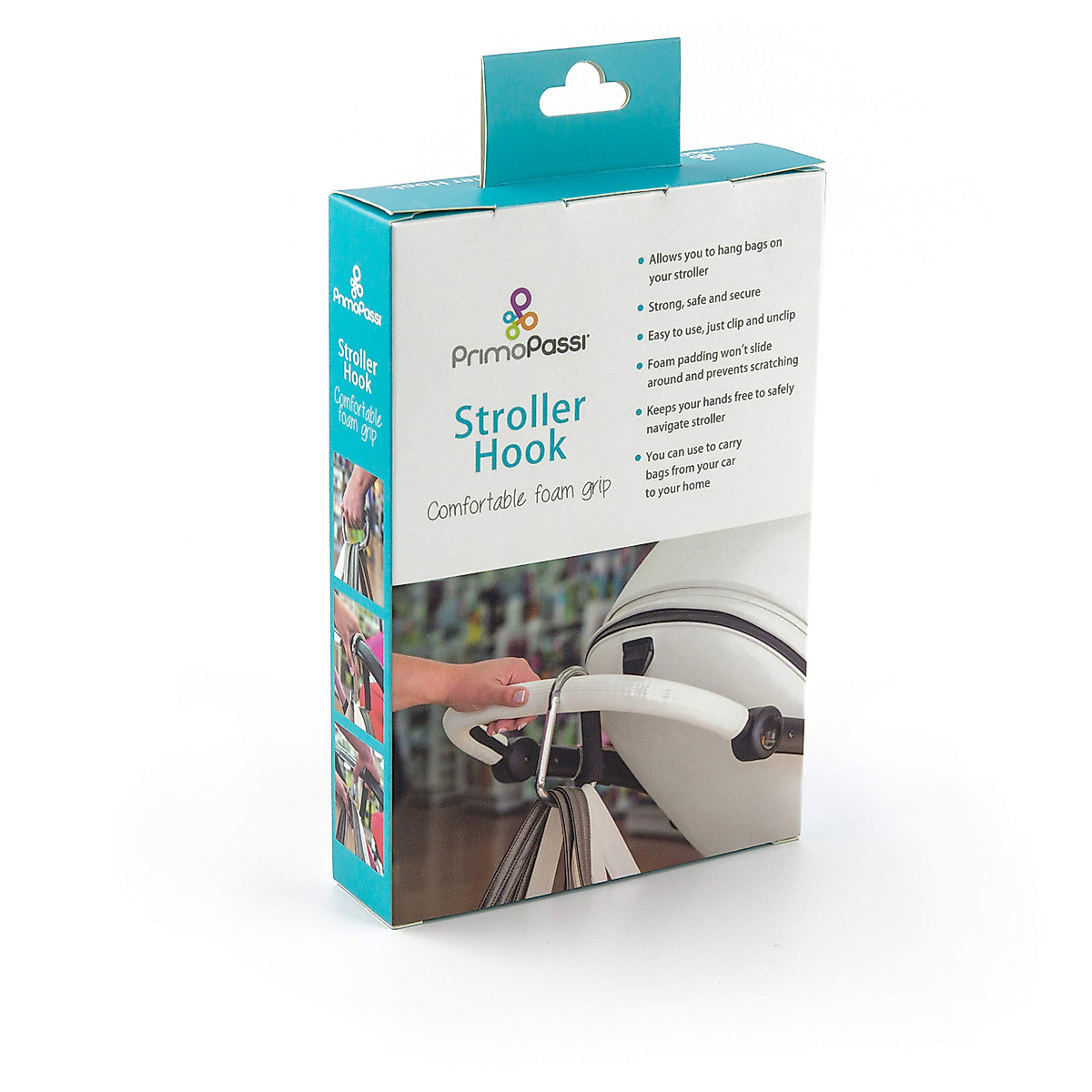 Primo Passi - Large Stroller Hook | 2 Large Stroller Organizer Hook Clip for Purse Shopping and Diaper Bags | Stroller Hanger | Blue