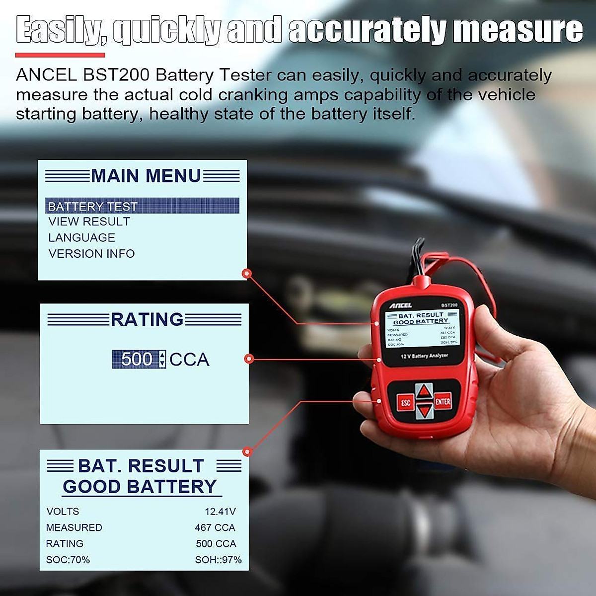 ANCEL BST200 Car Battery Load Tester 12V 100-1100 CCA Automotive Bad Cell Test Tool Digital Analyzer with ANCEL Protective Case Storage Bag