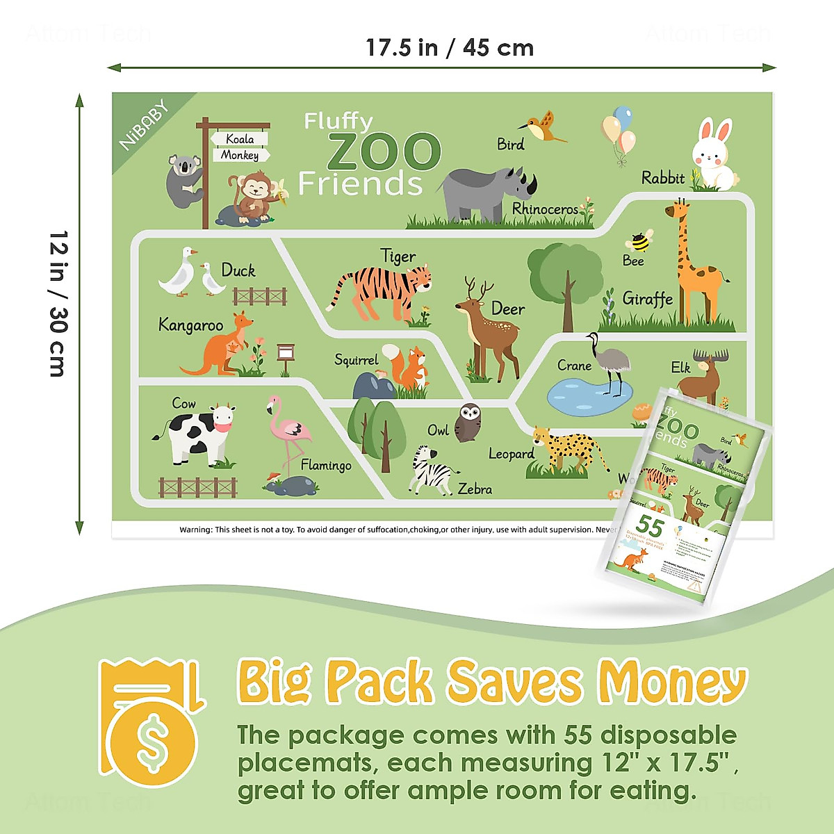 NiBaby Educational Disposable Placemats for Baby & Toddlers 55 Pack, Stick-On Baby Placemat for Restaurants 55PCS, Disposable Toddler & Kids Placemats Learning Alphabet ABC Animal for Dining Table