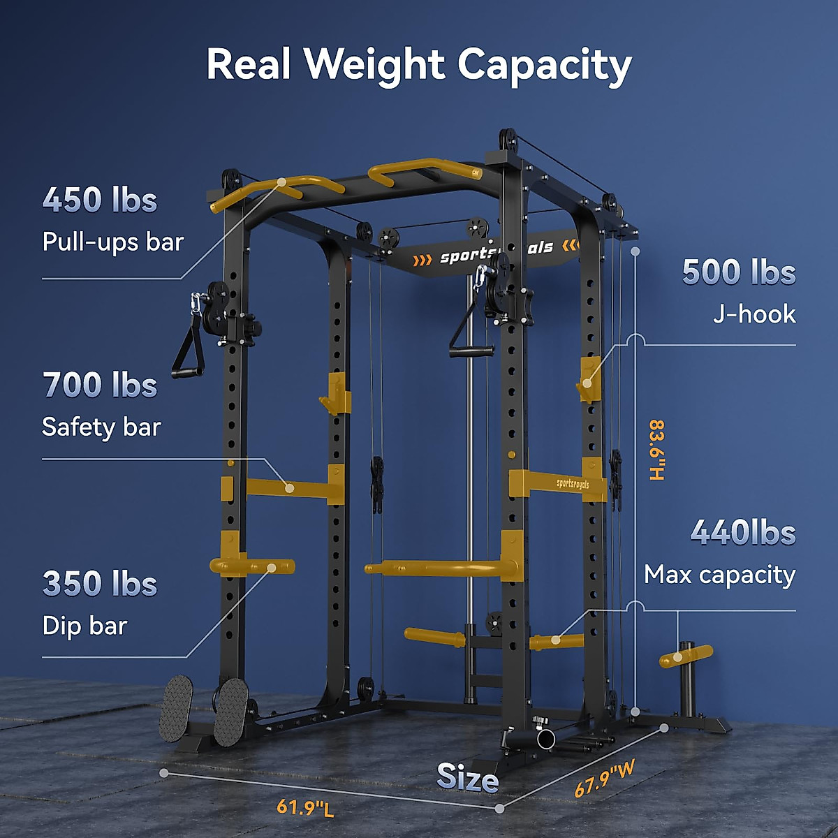 Sportsroyals Power Cage, Multi-Function Power Rack with Adjustable Cable Crossover System and More Training Attachment, Weight Cage for Home Gym