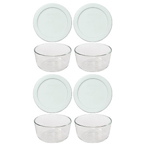 Pyrex (4 7202 1-Cup Glass Bowls & (4) 7202-PC 1-Cup White Lids Made in the USA