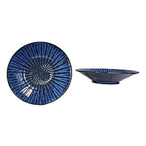 Ebros Gift Made In Japan Radiant Solar Flair Reduction Technique Pottery Glazed Ceramic Shallow Bowls Pack Of 2 Japanese Bowl Set 24oz 11.5"Dia Zen Asian Fine Dining Dinnerware Deep Plates (Blue)