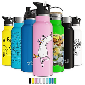 Involve & Evolve Insulated Water Bottle with 3 Lids (Straw Lid) Kids Reusable Double Walled Stainless Steel Flask Metal Thermos 12oz 17oz 20oz 25oz (17 oz, Bare Ocean)